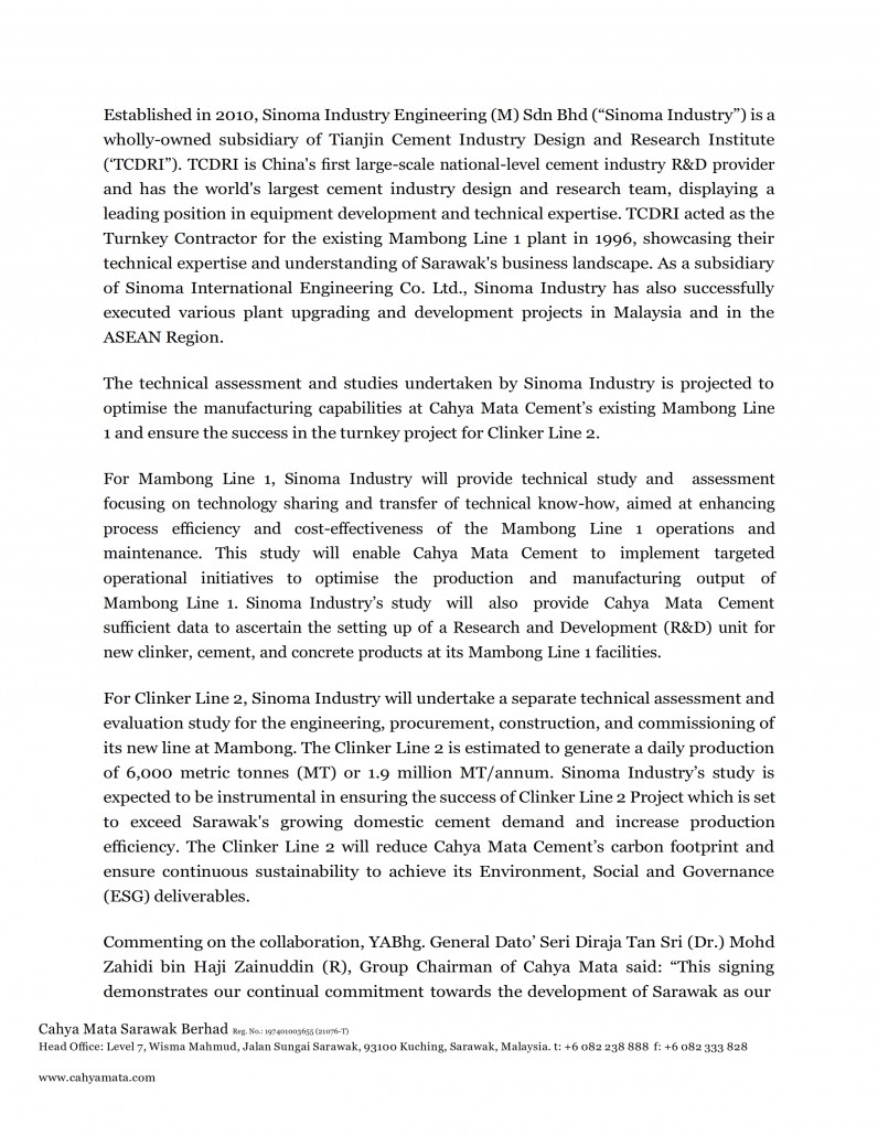 Cahya Mata Sarawak | Cahya Mata Cement And Sinoma Industry Inks ...